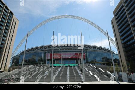 General view of the arch of Wembley Stadium silhouetted against the sky ...