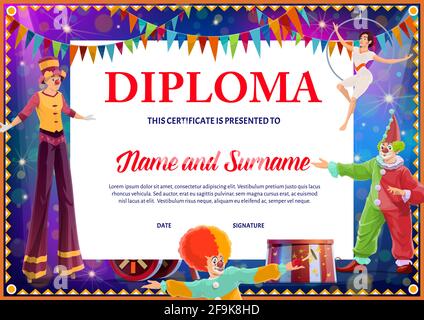 Kids education diploma with circus clowns, vector certificate of ...