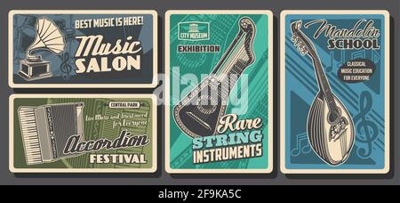 Classic music concert posters. String and wind instruments. Musicians ...