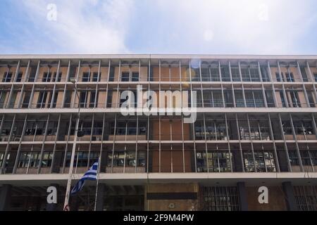 Thessaloniki, Greece Courthouse facade with Hellenic sign. Exterior day ...