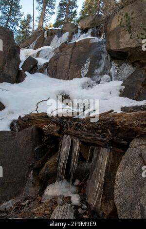 Snow still covers the Tyee Lakes trail in Inyo County, CA, USA, but it ...