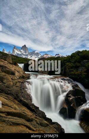 waterfall overlooking Mount Fitz Roy Stock Photo - Alamy