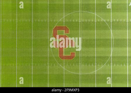 A general overall aerial view of the SC Trojans logo at midfield of the ...