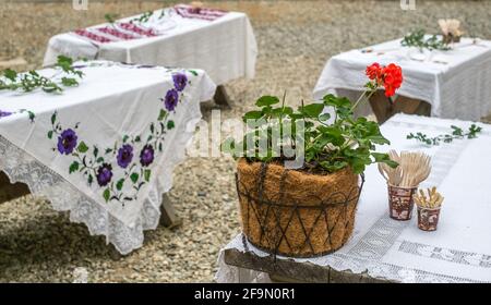 Romanian traditional empty table with towels Stock Photo - Alamy