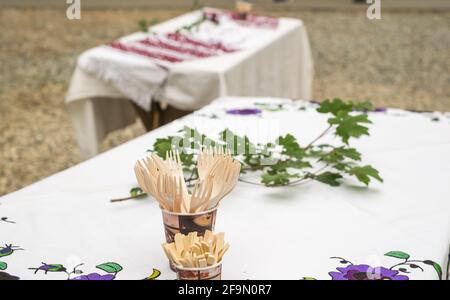 Romanian traditional empty table with towels Stock Photo - Alamy
