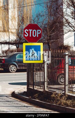 Traffic signs in Romania. Sunny day. Close up Stock Photo - Alamy