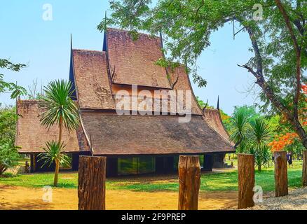 Carving wood gable roof on a resort hotel in India, Alappuzha, Kerala ...