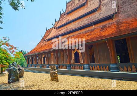 Carving wood gable roof on a resort hotel in India, Alappuzha, Kerala ...