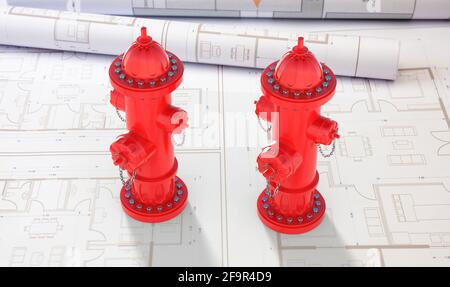 Fire hydrants red color on blueprints drawings background. City ...
