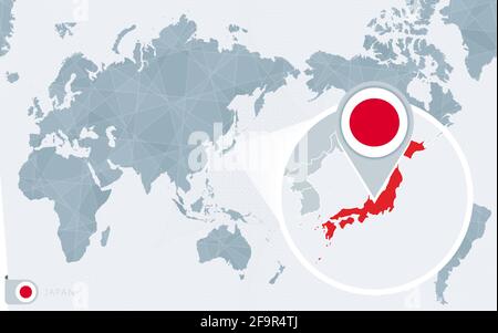 World map with zoom on Japan. Map in loupe. Vector illustration in flat ...