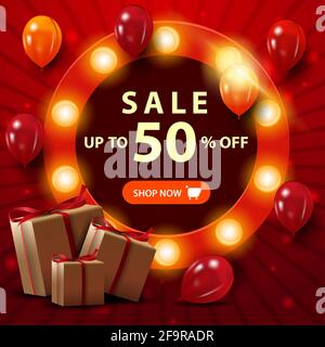 Square festive red discount banner with wood plate, balloons and gifts ...