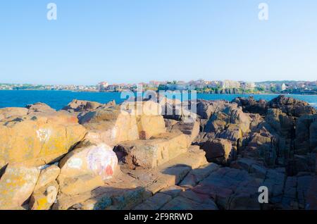 view of majestic cliffs of bulgarian city sozopol where a defense wall ...