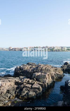 view of majestic cliffs of bulgarian city sozopol where a defense wall ...