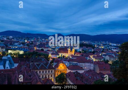 night aerial view over the illuminated austrian city graz Stock Photo ...