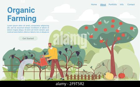 Garden fruits web site or landing page template. Vector design of farm ...