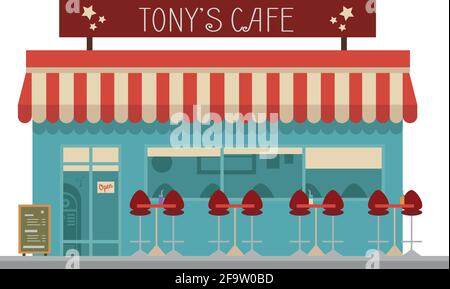 Nice urban retro building with a cafe on the ground floor. Vector color ...