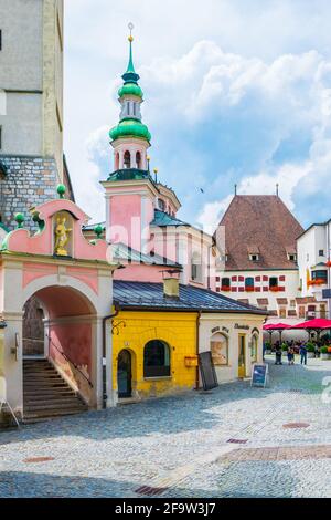 Square in front of the historic parish church during winter in Poznan ...