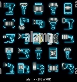 Barcode and QR code scanner neon light icon. Wifi barcodes handheld ...