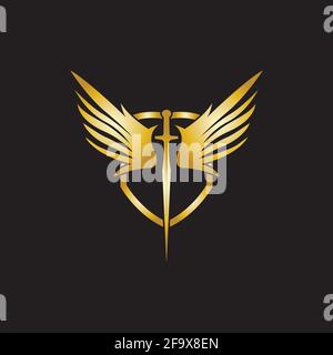 Gold winged sword with shield vector icon Stock Vector Image & Art - Alamy