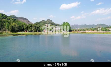 ANLONG, CHINA - APRIL 21, 2021 - Aerial view of lotus root field in ...