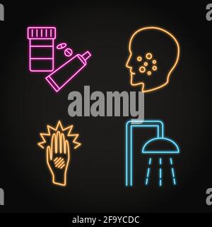 Eczema symptoms and treatment icon set in flat style. Skin allergy ...