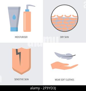 Eczema hand icon set in flat and line style. Allergic itchy scratches ...