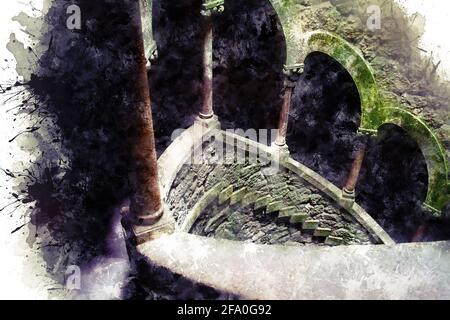 A beautiful image of the wall of a tower with windows and stairs from ...