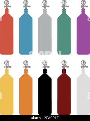 Set of propane gas cylinders. Blue green and yellow gas tank, gas ...