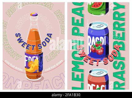 Soda ads posters with sweet drink splashing out of tin cans. Cold fresh ...