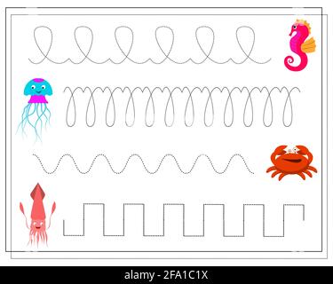 Vector handwriting practice worksheet with jellyfish and dashed line in ...