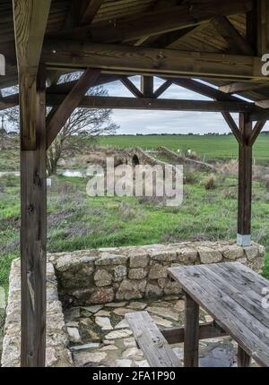 Medieval bridge of Santiago de Bencaliz near the village of Aldea del ...