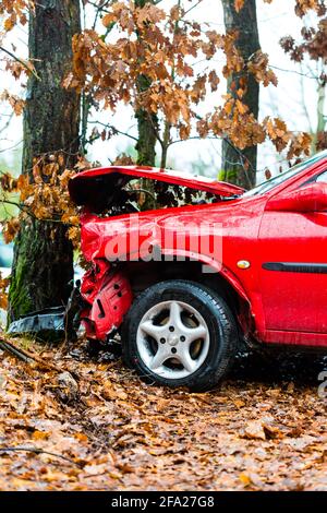 Accident - car crashed into tree, it is totally destroyed Stock Photo ...