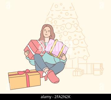 Cute Santa Claus with many presents on red background illustration ...