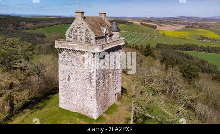 Aerial view of Fatlips Castle, or Minto Castle, a peel tower in ...