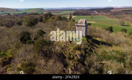 Aerial view of Fatlips Castle, or Minto Castle, a peel tower in ...