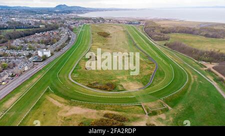 Aerial drone view of Musselburgh Racecourse and Musselburgh Links golf ...