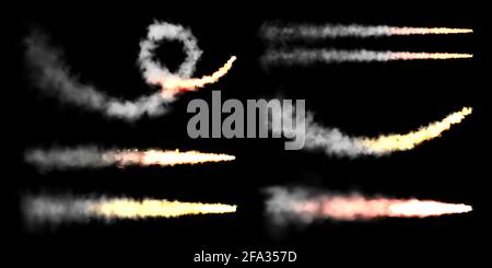 Missile effect, rocket fire trails with black smoke, spacecraft startup launch, space jet flames ...