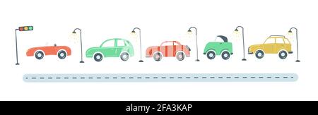 traffic jam from colored cars flat simple cartoon style hand drawing ...