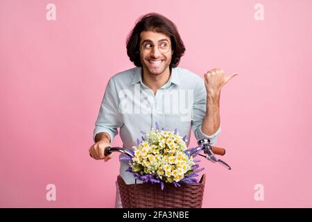 Photo of excited positive man direct thumb fingers himself pride ...