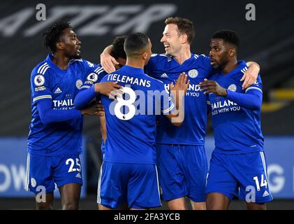 Leicester City's Jonny Evans (second right) celebrates scoring their ...