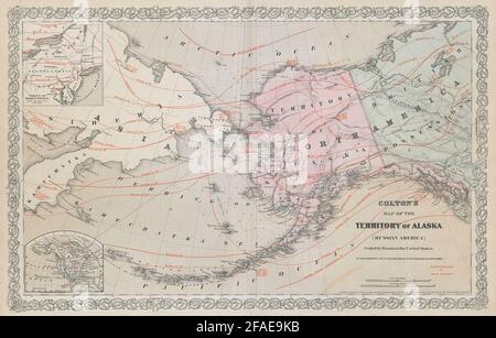 Map of Alaska Territory ceded by Russia, 1800s. Hand-colored woodcut ...