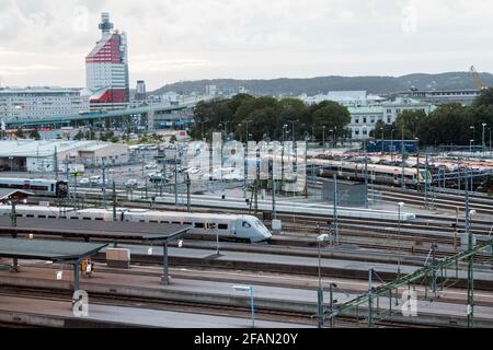 Railway tracks, trains at Gothenburg central station area in the city ...