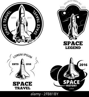 Space logo emblems set with satellite ship and new planet discoverer ...