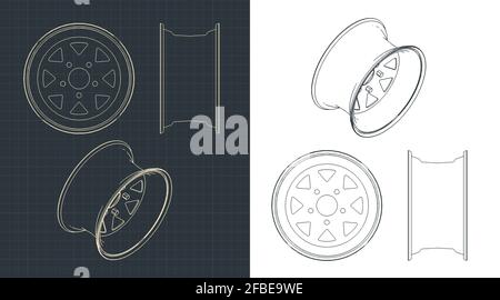 Stylized vector illustration of drawings of alloy wheels blueprints ...