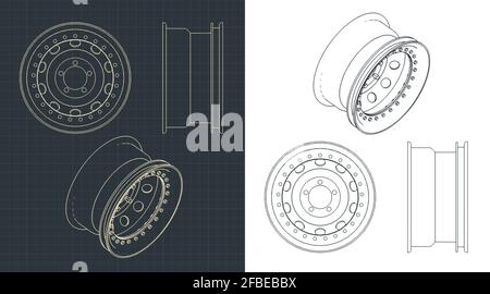 Stylized vector illustration of drawings of alloy wheels blueprints ...