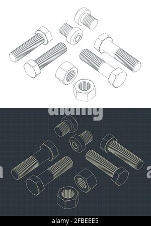 Stylized vector illustration of isometric technical drawings of ...
