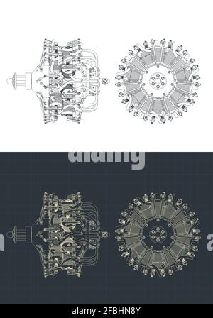 Stylized vector illustration of aircraft radial engine isometric ...