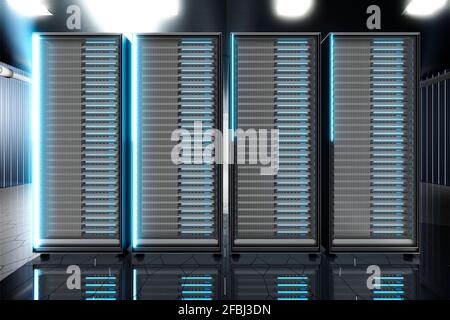 Three dimensional render of network server rack standing in dark room ...