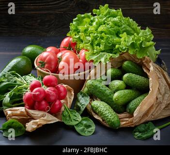 Paper bags on table in room. Food delivery service Stock Photo - Alamy