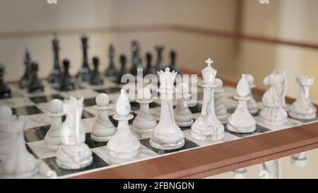 Chess formation on the board. Elegant marble pieces. Digital 3D ...